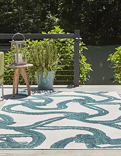 Unique Loom Outdoor Coastal Collection Area Rug - Tethered (7' 10" x 10' Rectangle, Ivory/ Navy Blue)