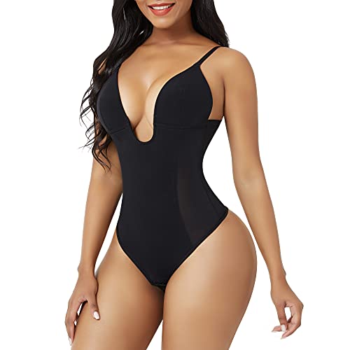 FeelinGirl Shaperwear for Women Tummy Control Body Shaper Waist Trainer Corset U Plunge Fajas Colombianas Low Back Bodysuit Black M