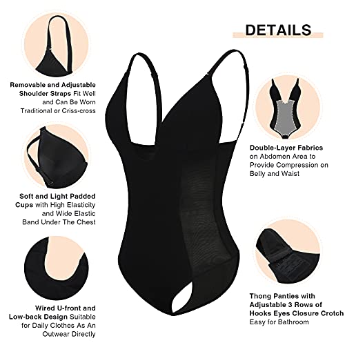 FeelinGirl Shaperwear for Women Tummy Control Body Shaper Waist Trainer Corset U Plunge Fajas Colombianas Low Back Bodysuit Black M