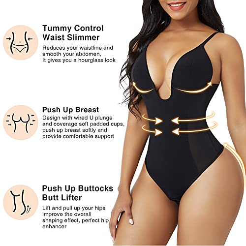 FeelinGirl Shaperwear for Women Tummy Control Body Shaper Waist Trainer Corset U Plunge Fajas Colombianas Low Back Bodysuit Black M