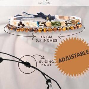 2x Boho Surfer Bracelet Set Women & Men - Handmade Summer Beach Bracelets - Adjustable & 100% Waterproof - Festival Accessories - Beaded & Braided (Tiger-Eyes & Safari)