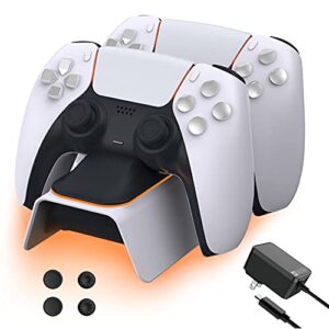 nexigo ps5 controller charger with thumb grip kit, fast charging ac adapter, dualsense charging station dock for dual playstation 5 controllers with led indicator, white