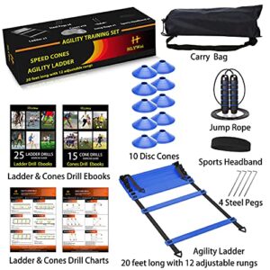 Speed Agility Training Set, Includes 1 Agility Ladder, 4 Steel Stakes, 1 Sports Headband,1 Jump Rope, 10 Disc Cones and Gym Carry Bag - Speed Training Equipment for Soccer Football Basketball (Blue)