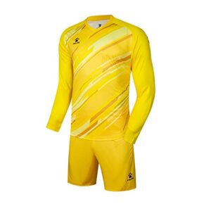 kelme kids customize padded goalie shirt and short, boys goalkeeper jersey, long sleeve turf training soccer uniform, youth futsal bundle set keeper kit clothes yellow kid 10