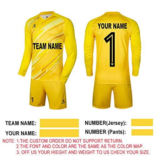 KELME Kids Customize Padded Goalie Shirt and Short, Boys Goalkeeper Jersey, Long Sleeve Turf Training Soccer Uniform, Youth Futsal Bundle Set Keeper Kit Clothes Yellow Kid 10