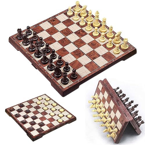 Qlisytpps Wooden Travel Chess Set,Waterproof Chess Checkers 2-in-1 Magnetic Chess Board Set,12.6 in x 12.6 in Portable Folding Chess,Beginner Chess Sets for Children and Adults