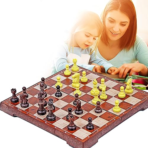 Qlisytpps Wooden Travel Chess Set,Waterproof Chess Checkers 2-in-1 Magnetic Chess Board Set,12.6 in x 12.6 in Portable Folding Chess,Beginner Chess Sets for Children and Adults