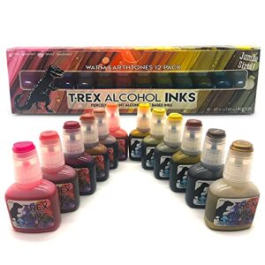 t-rex inks premium alcohol inks warm earth set- 12 warm tone colors - alcohol ink for epoxy resin dye, painting, tumbler making & more - includes storage box & metallic gold ink - 20ml bottles