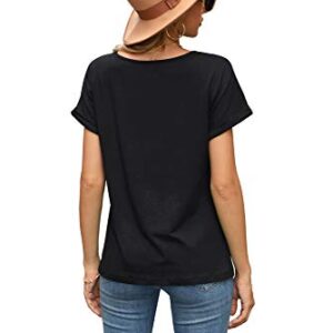 Iandroiy Women's V Neck Short Sleeve Casual Tops Twist Knot Blouse T Shirts (X-Large, Black)