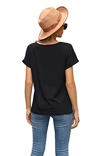 Iandroiy Women's V Neck Short Sleeve Casual Tops Twist Knot Blouse T Shirts (X-Large, Black)