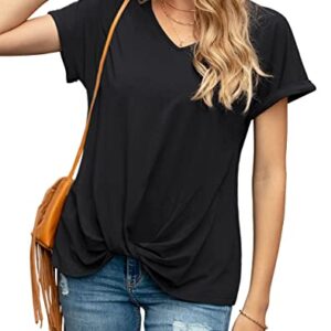 Iandroiy Women's V Neck Short Sleeve Casual Tops Twist Knot Blouse T Shirts (X-Large, Black)