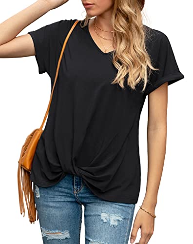 Iandroiy Women's V Neck Short Sleeve Casual Tops Twist Knot Blouse T Shirts (X-Large, Black)