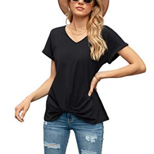 Iandroiy Women's V Neck Short Sleeve Casual Tops Twist Knot Blouse T Shirts (X-Large, Black)