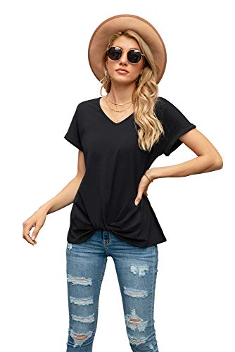 Iandroiy Women's V Neck Short Sleeve Casual Tops Twist Knot Blouse T Shirts (X-Large, Black)