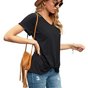 Iandroiy Women's V Neck Short Sleeve Casual Tops Twist Knot Blouse T Shirts (X-Large, Black)