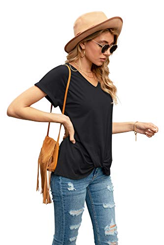 Iandroiy Women's V Neck Short Sleeve Casual Tops Twist Knot Blouse T Shirts (X-Large, Black)