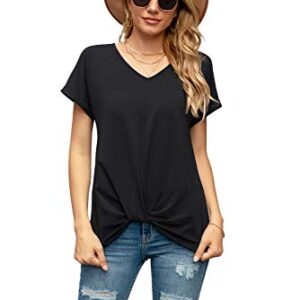 Iandroiy Women's V Neck Short Sleeve Casual Tops Twist Knot Blouse T Shirts (X-Large, Black)