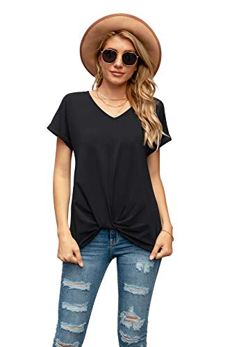 Iandroiy Women's V Neck Short Sleeve Casual Tops Twist Knot Blouse T Shirts (X-Large, Black)