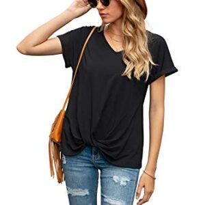 Iandroiy Women's V Neck Short Sleeve Casual Tops Twist Knot Blouse T Shirts (X-Large, Black)