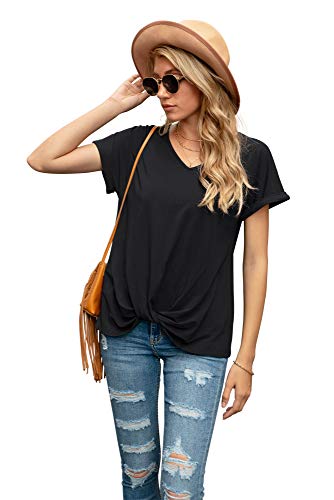 Iandroiy Women's V Neck Short Sleeve Casual Tops Twist Knot Blouse T Shirts (X-Large, Black)