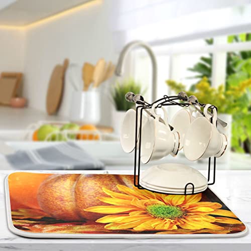 Vintage Pumpkin Sunflower Maple Leaf Dish Drying Mat for Kitchen Counter Microfiber Drying Pad, Reversible Drainer Mats for Countertop, Small 16" x 18"