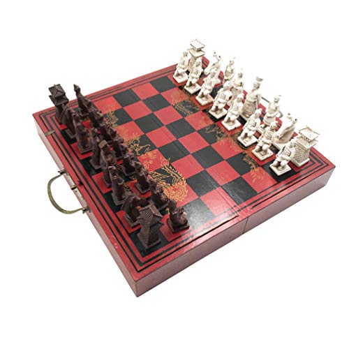 IADUMO 15.7" x 15.7" Large Chess Sets for Adults,Portable Folding Wooden Chess Board Travel Chess Set Board Game with Handmade Terracotta Warriors Chess Pieces &Storage Drawers