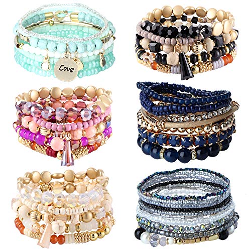 SAILIMUE 6 Sets Bohemian Stackable Bead Bracelets for Women Men Stretch Multilayered Bangles Bracelet Set Boho Multicolor Jewelry