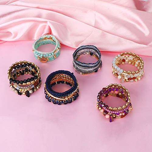 SAILIMUE 6 Sets Bohemian Stackable Bead Bracelets for Women Men Stretch Multilayered Bangles Bracelet Set Boho Multicolor Jewelry