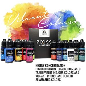 Pixiss 25 Pack Large Alcohol Inks 0.5oz Bottles and Pixiss Metallic Alcohol Inks (Pearl, Gold, Silver, Gunmetal, Copper)