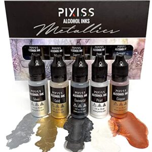 Pixiss 25 Pack Large Alcohol Inks 0.5oz Bottles and Pixiss Metallic Alcohol Inks (Pearl, Gold, Silver, Gunmetal, Copper)