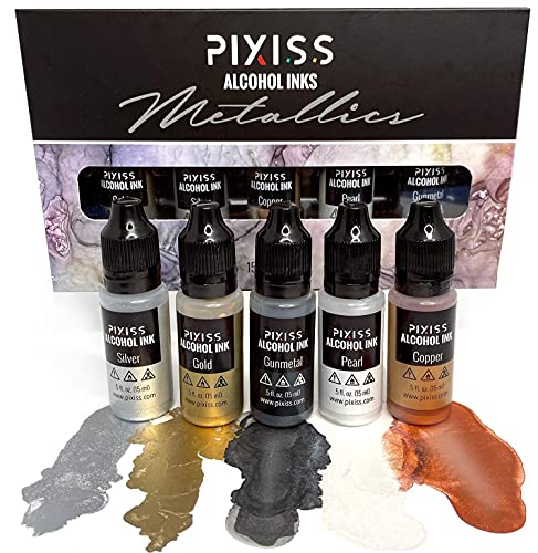 Pixiss 25 Pack Large Alcohol Inks 0.5oz Bottles and Pixiss Metallic Alcohol Inks (Pearl, Gold, Silver, Gunmetal, Copper)