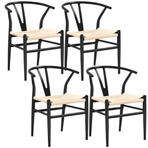 yaheetech set of 4 weave chair mid-century metal dining chair y-shaped backrest hemp seat, black