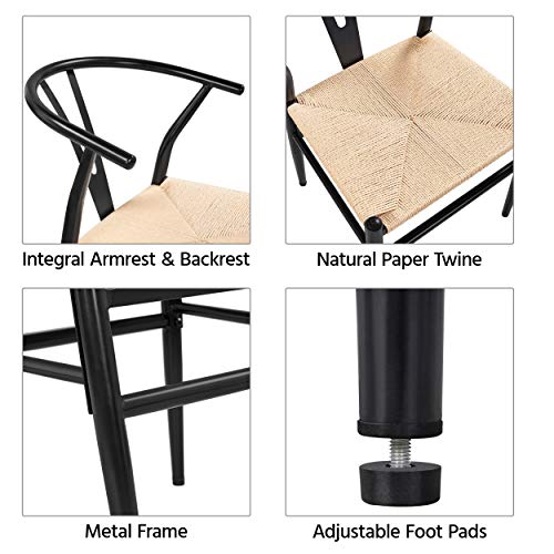 Yaheetech Set of 4 Weave Chair Mid-Century Metal Dining Chair Y-Shaped Backrest Hemp Seat, Black