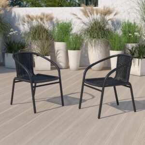 emma + oliver 2 pack black rattan indoor-outdoor restaurant stack chair with curved back