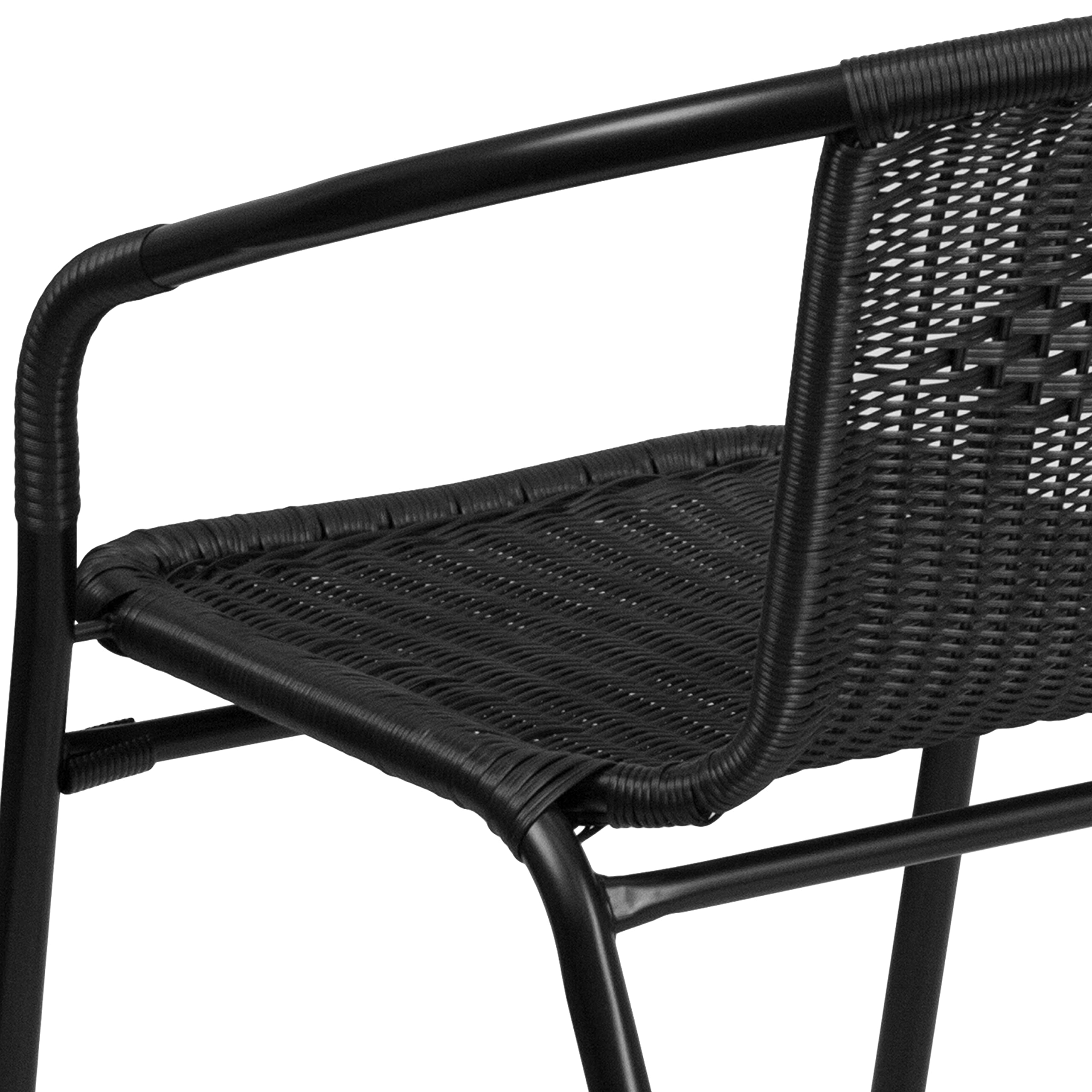 EMMA + OLIVER 2 Pack Black Rattan Indoor-Outdoor Restaurant Stack Chair with Curved Back