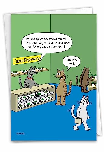 NobleWorks - 1 Funny Animal Card for Birthdays - Pet Cat and Dog Humor, Birthday Notecard with Envelope - Catnip Dispensary C9315BDG