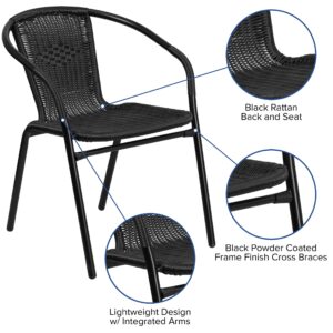 EMMA + OLIVER 2 Pack Black Rattan Indoor-Outdoor Restaurant Stack Chair with Curved Back