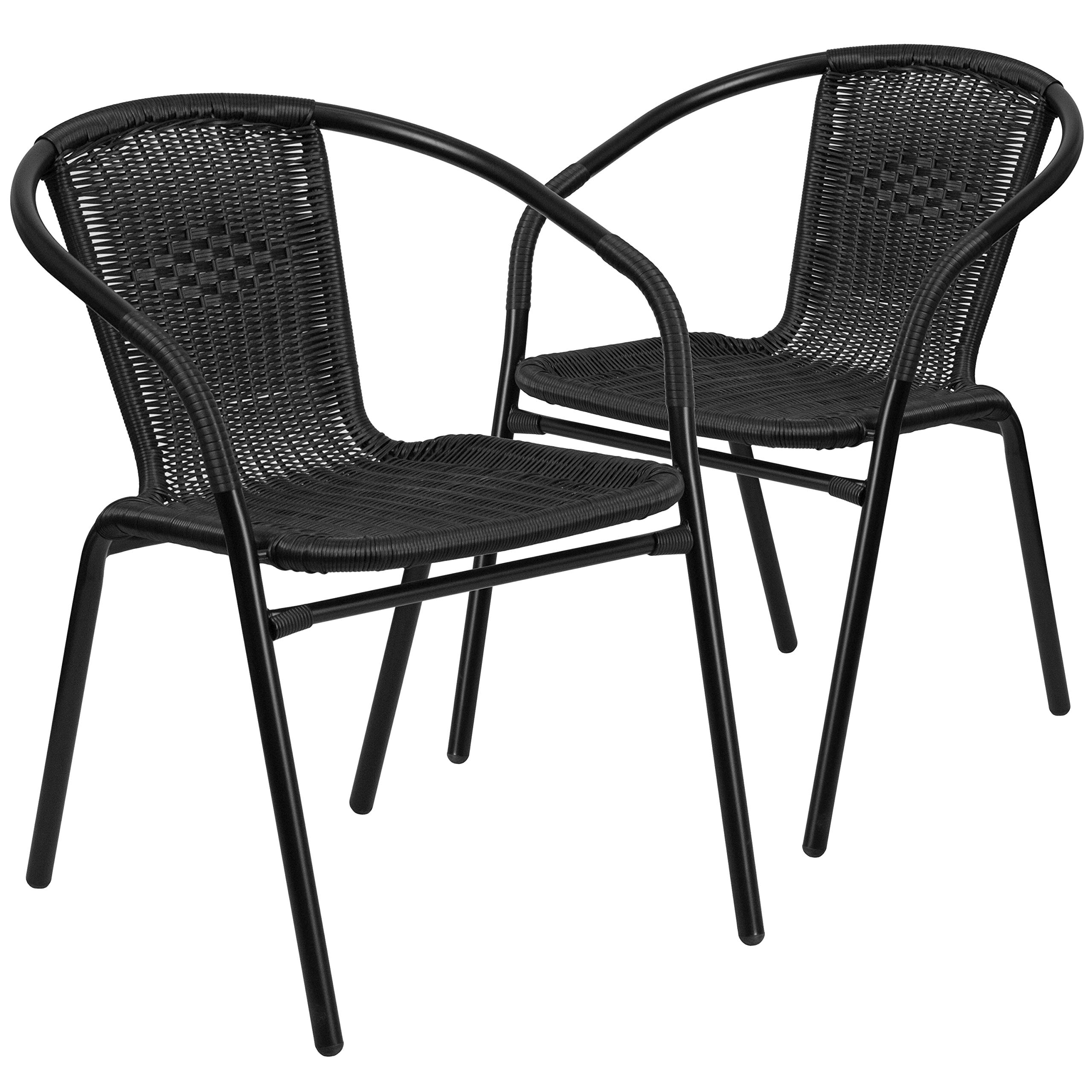 EMMA + OLIVER 2 Pack Black Rattan Indoor-Outdoor Restaurant Stack Chair with Curved Back