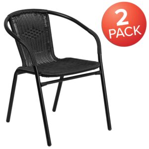 EMMA + OLIVER 2 Pack Black Rattan Indoor-Outdoor Restaurant Stack Chair with Curved Back