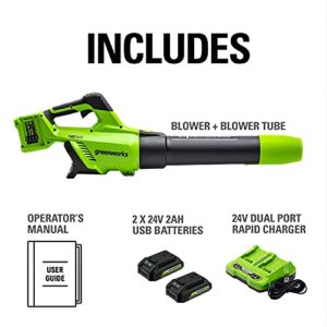 Greenworks 2 x 24V (48V) Cordless Axial Leaf Blower (125 MPH / 515 CFM / 125+ Compatible Tools), (2) 2.0Ah Batteries and Dual Port Charger Included