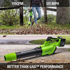 Greenworks 2 x 24V (48V) Cordless Axial Leaf Blower (125 MPH / 515 CFM / 125+ Compatible Tools), (2) 2.0Ah Batteries and Dual Port Charger Included