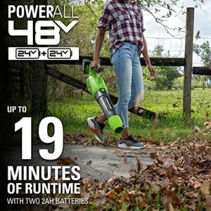 Greenworks 2 x 24V (48V) Cordless Axial Leaf Blower (125 MPH / 515 CFM / 125+ Compatible Tools), (2) 2.0Ah Batteries and Dual Port Charger Included