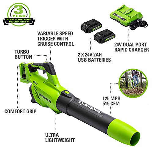 Greenworks 2 x 24V (48V) Cordless Axial Leaf Blower (125 MPH / 515 CFM / 125+ Compatible Tools), (2) 2.0Ah Batteries and Dual Port Charger Included