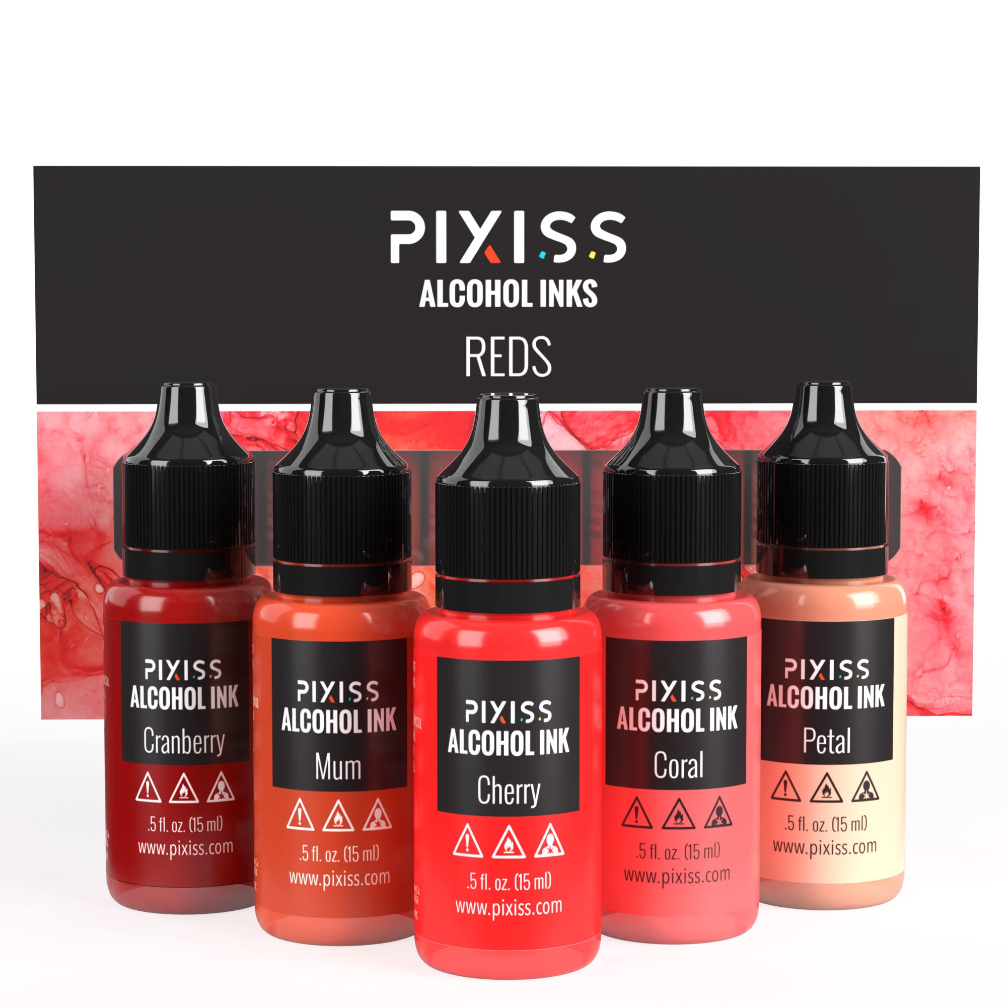 Pixiss Reds Alcohol Inks Set, 5 Shades of Highly Saturated Red Alcohol Ink, for Resin Petri Dishes, Alcohol Ink Paper, Tumblers, Coasters, Resin Dye