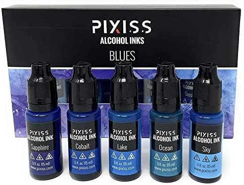 Pixiss Blue Alcohol Inks Set, 5 Shades of Highly Saturated Blue Alcohol Ink, for Resin Petri Dishes, Alcohol Ink Paper, Tumblers, Coasters, Resin Dye