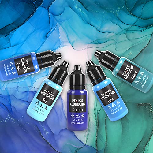 Pixiss Blue Alcohol Inks Set, 5 Shades of Highly Saturated Blue Alcohol Ink, for Resin Petri Dishes, Alcohol Ink Paper, Tumblers, Coasters, Resin Dye