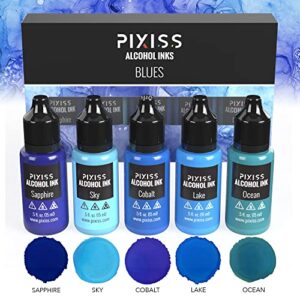 Pixiss Blue Alcohol Inks Set, 5 Shades of Highly Saturated Blue Alcohol Ink, for Resin Petri Dishes, Alcohol Ink Paper, Tumblers, Coasters, Resin Dye