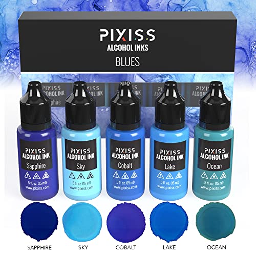 Pixiss Blue Alcohol Inks Set, 5 Shades of Highly Saturated Blue Alcohol Ink, for Resin Petri Dishes, Alcohol Ink Paper, Tumblers, Coasters, Resin Dye