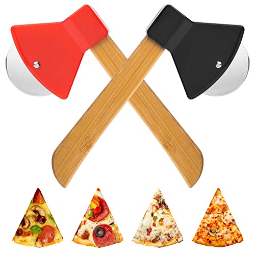 ISKYBOB 2 Pieces Creative Pizza Cutter with Bamboo Handle Axe Shaped Pizza Slicer Wheel Sharp Rotating Blade for Pizza, Pie, Waffles, Dough