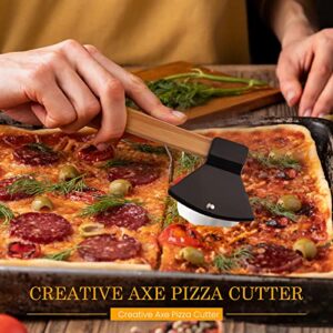 ISKYBOB 2 Pieces Creative Pizza Cutter with Bamboo Handle Axe Shaped Pizza Slicer Wheel Sharp Rotating Blade for Pizza, Pie, Waffles, Dough